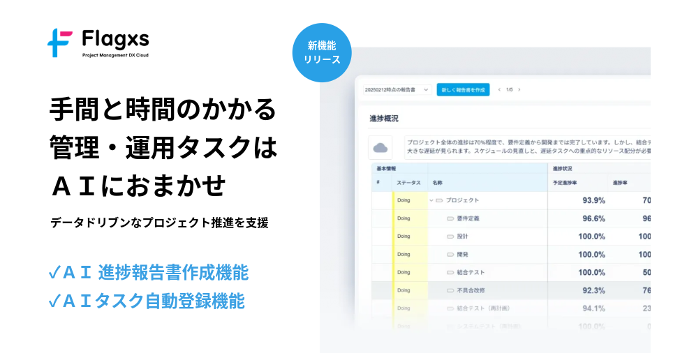 プロジェクトマネジメントDXプラットフォーム「Flagxs」、「AI進捗報告書作成機能」「AIタスク登録機能」のβ版をリリース|ProductZine（プロダクトジン）